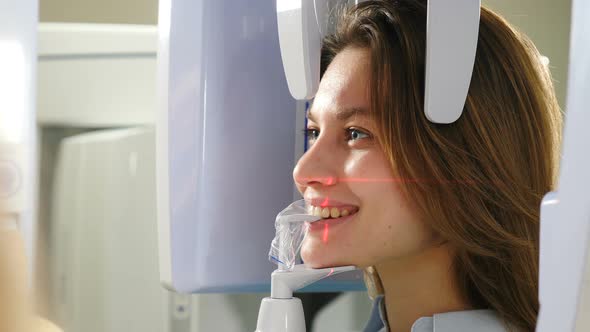 Dental Jaw Scanning. Laser Lines on Patient Face. Female Patient ...