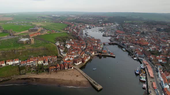 Aerial ultra wide view of Whitby harbor in Whitby, North Yorkshire ...