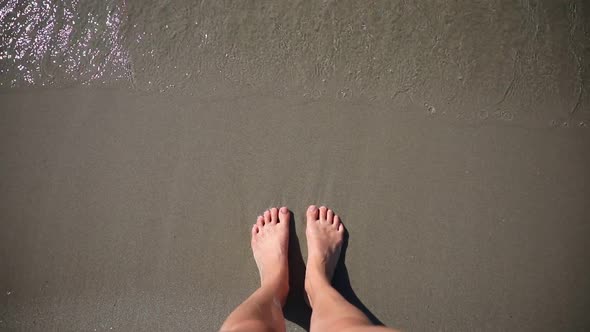 Selfie Woman Feet on Beige Sand Summer Beach Background, Stock Footage
