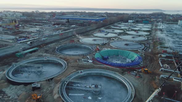 Row of Round Reservoirs with Bridges to Process Waste Water, Stock Footage