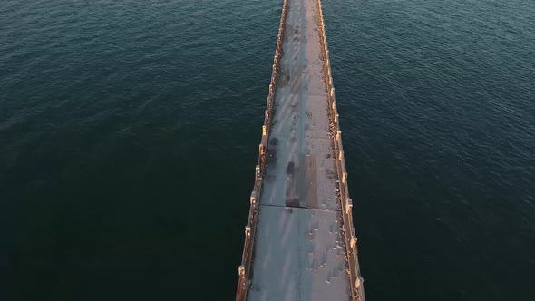 AERIAL: Drone flyover of an old broken down bridge over the ocean at ...
