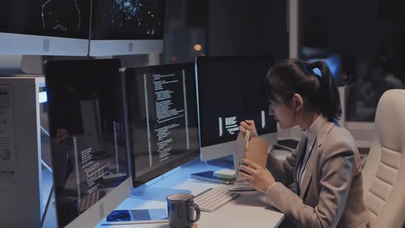 Female Programmer Eating at Desk at Night, Stock Footage | VideoHive