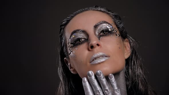 Closeup Portrait of Beautiful Woman with Silver Body Art, Stock Footage