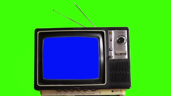 Retro TV Turning On Blue Screen with Green Background., Stock Footage