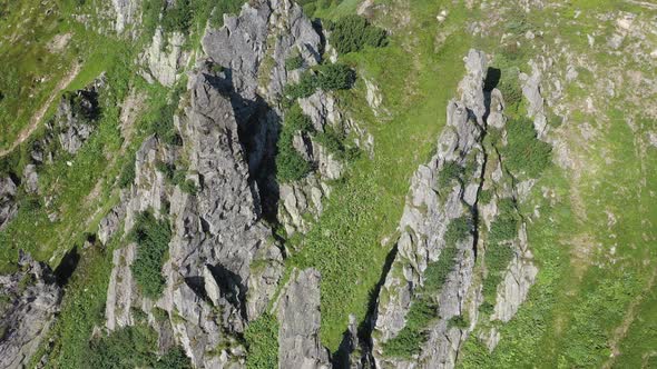 Aerial view of rocky peak of Spitz mountain in the Carpathian mountains ...