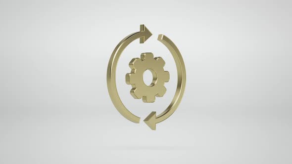 Golden Icon. Gear With Arrows Rotate Around it Axis on a White Studio ...