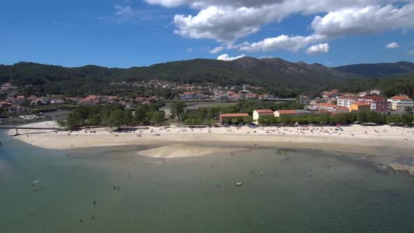 Aerial View Of Praia de Parameán At Esteiro. Pedestal Up, Stock Footage