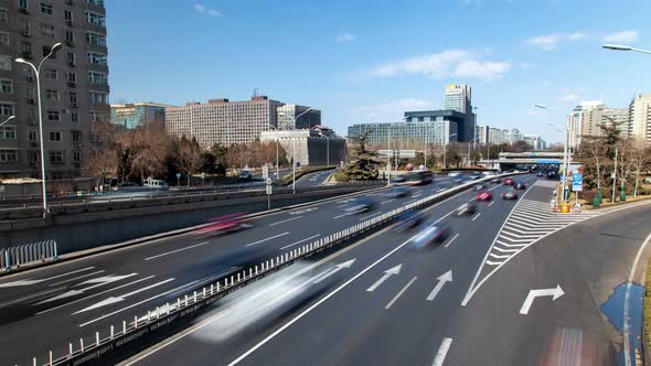 Chinese Multi-lane Highway at Beijing Buildings Timelapse, Stock Footage