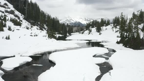 Drone Flight Above Frozen Snow Covered River In Mountain Ravine, Stock ...