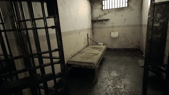 Jail hallway. Prisoner enters into the old awful prison cell and it ...