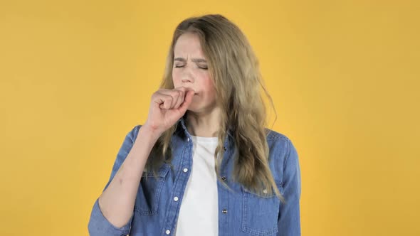 Sick Young Pretty Girl Coughing on Yellow Background, Stock Footage