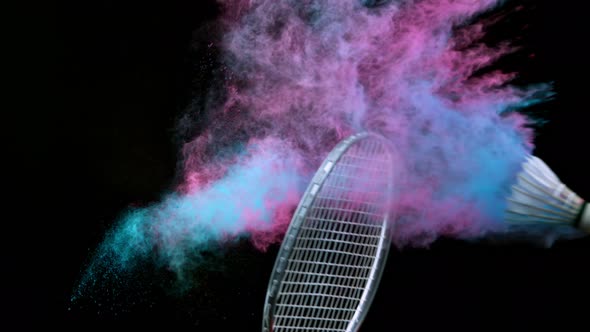 Super Slow Motion Shot of Hitting Badminton Shuttlecock Containing Neon ...