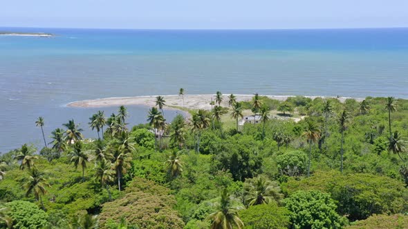 Aerial view of tropical bay with palm trees and Playa Boca del Soco ...