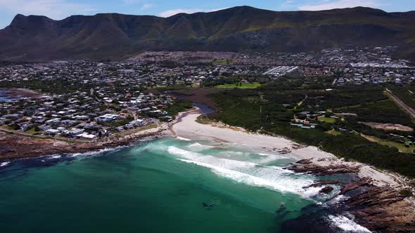 Whales in clear shallows of beach close to shore, coastal town of Onrus ...