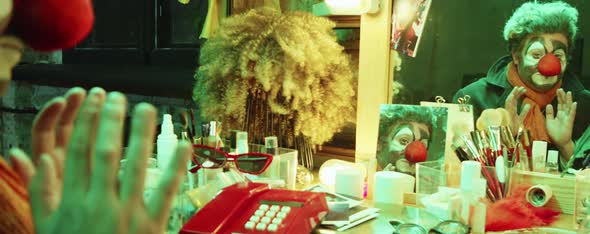 Mirror Reflection of Clown in Dressing Room, Stock Footage | VideoHive