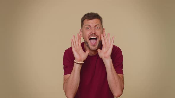 Man Holding Hands Near Mouth Loudly Screaming Shouting Yelling ...