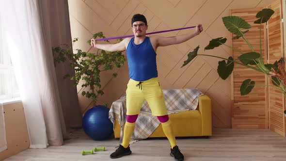 Retro Fitness Man with a Moustache Glasses and Headband in Blue Yellow ...