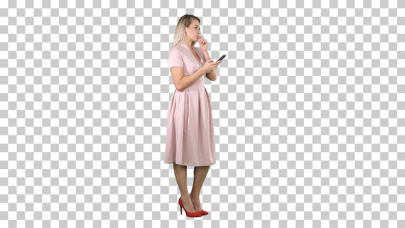 Blonde Teenager Woman Wearing Pink Texting Message on Her Smartphone ...