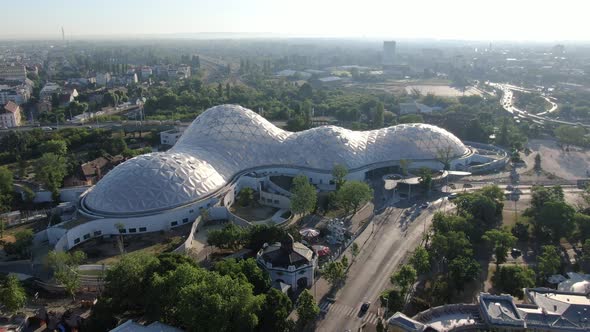 Drone shot of Pannon park (Biodom) in Budapest, Hungary, Stock Footage