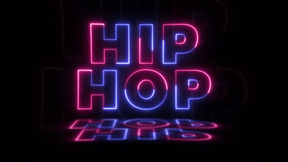 Neon glowing word 'HIP HOP' on a black background with reflections on a ...