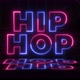 Neon glowing word 'HIP HOP' on a black background with reflections on a ...