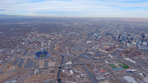 Aerial view of Downtown Denver and Mile High Stadium from the viewpoint ...
