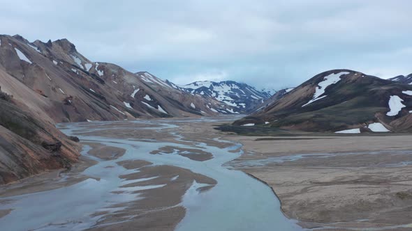 Aerial View of Krossa River Flowing Through Thorsmork Valley in Iceland ...