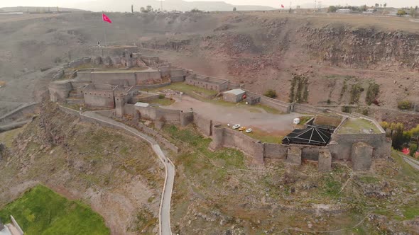Flying Around of the Turkish Flag Over the Castle of Kars in Turkey ...