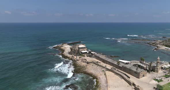 Caesarea ancient port, built by Herod the great, Aerial view., Stock ...