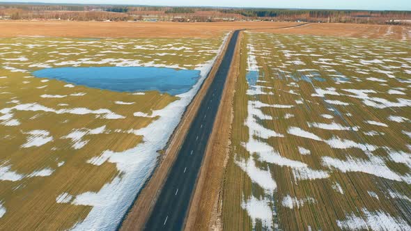 Aerial View Of Early Spring With Puddles Of Water In Fields, Stock Footage