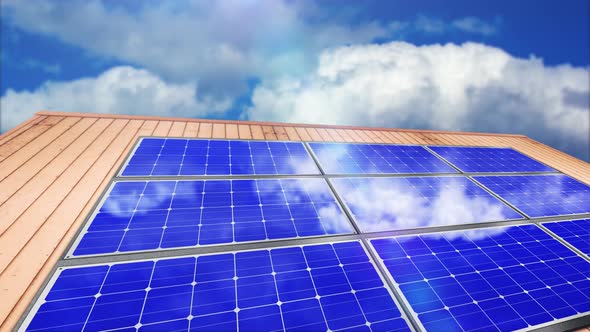 Mirror Solar Panels with Reflection of Sky on Building Wall, Motion ...