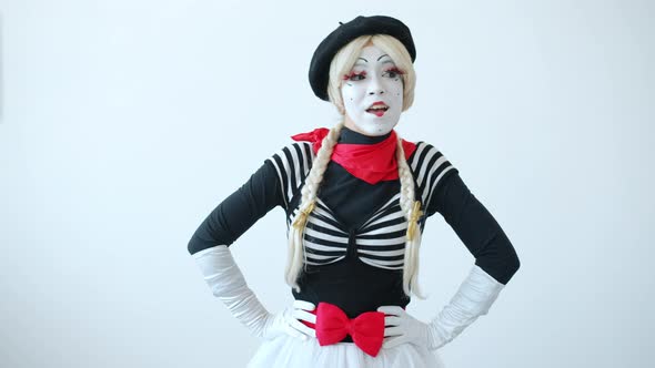 Portrait of Cute Young Lady Mime Waving Hand and Smiling Sending Air ...