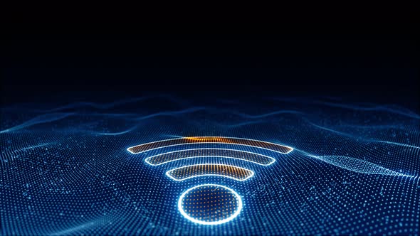 Blue glowing particle wave with orange WIFI logo futuristic technology ...