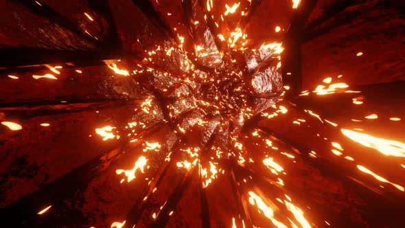 Burning Lava inside Volcano hole. Traveling through volcanic cave or ...