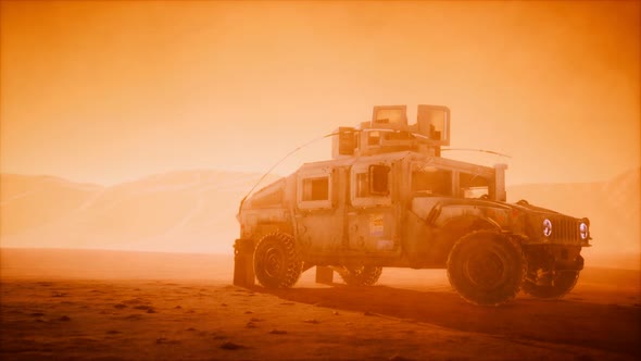 Military Patrol Car on Sunset in Desert Storm, Motion Graphics | VideoHive