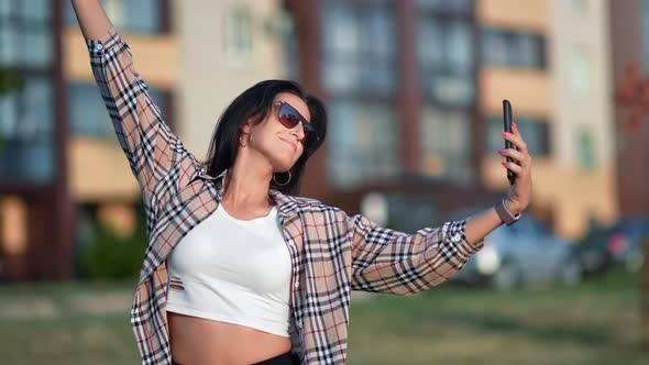 Happy Woman Blogger Vlogger Shooting Photo Video Posing Outdoor Sunset ...