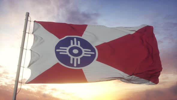 Wichita City Flag Kansas Waving in the Wind Sky and Sun Background ...