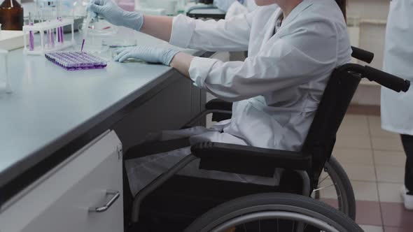 Disabled Female Scientist Working in Lab with Colleagues, Stock Footage