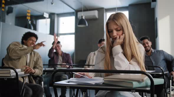 Sad Frustrated Insecure Girl Student Sitting in Classroom at Desk ...