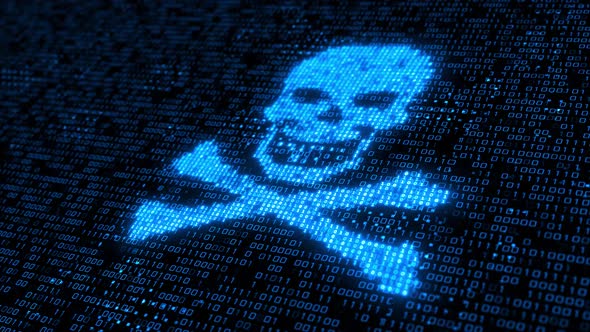 Cyber attack Blue alert with skull symbol on computer screen. System ...