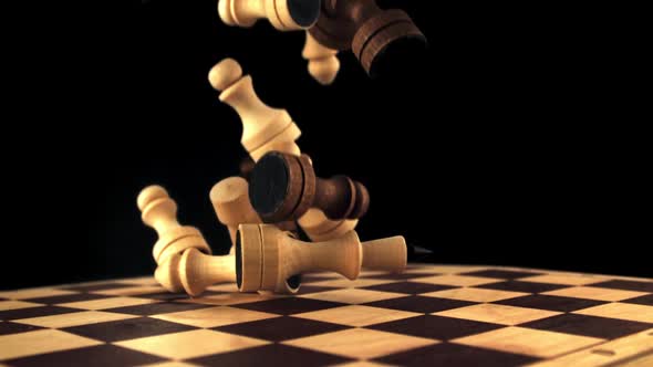 Super Slow Motion Chess Pieces Fall on the Chessboard, Stock Footage