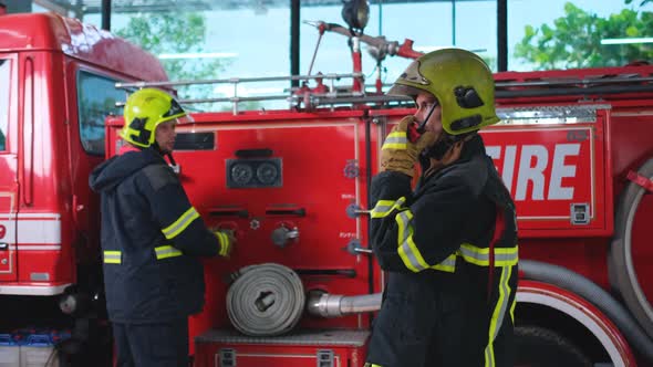 One of fireman report and explain the process before go to work of fire ...