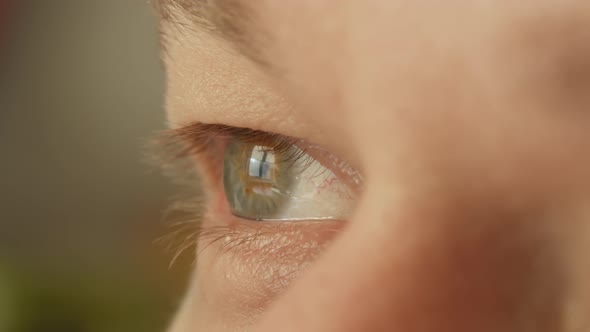 Light gray eyes of a young man, looking away, close-up, Stock Footage