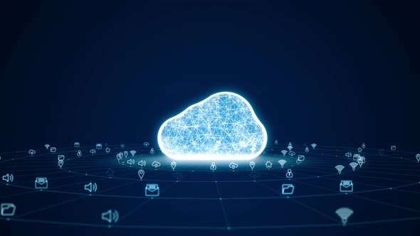 Blue digital 3D cloud logo with futuristic technology icon and line ...