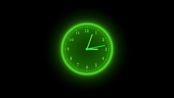 Green Neon Clock Isolated Animated On Black Background, Motion Graphics