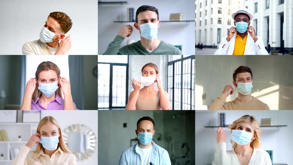Young people taking off their blue medical mask. Young smiling people ...