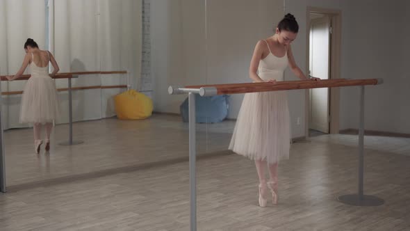 A Beautiful Ballerina Stands at the Ballet Rail and Stretches Her Legs ...