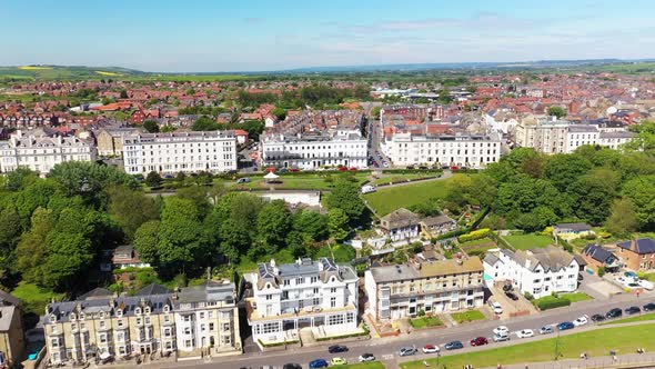 Aerial footage of the beach front in the town of Filey in the UK, Stock ...