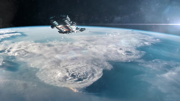 Large Spaceship Leaving Orbit of Planet in 4K resolution., Motion Graphics
