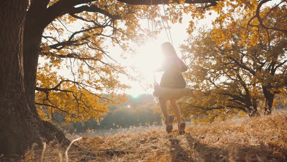Happy Girl on Swing in Sunset Fall. Kid Having Fun on a Swing Outdoor ...